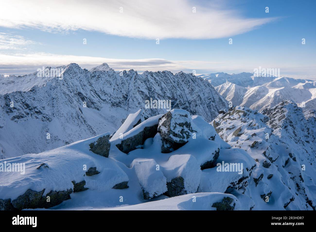 Panorama of Mountaineer standing on top of snowy mountain range at High ...