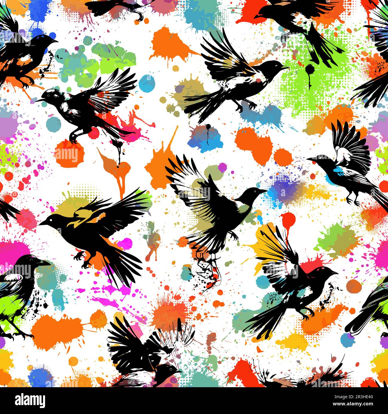 colorful seamless pattern with flying birds. flying magpies. Vector ...