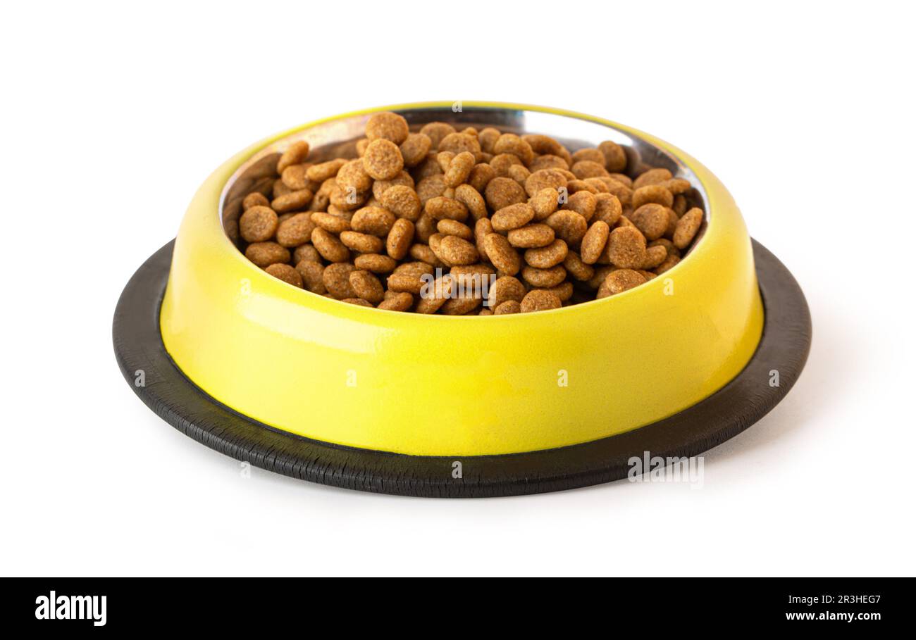 A Steel Bowl full of dog-food. Shot with an overhead camera rig. with ...