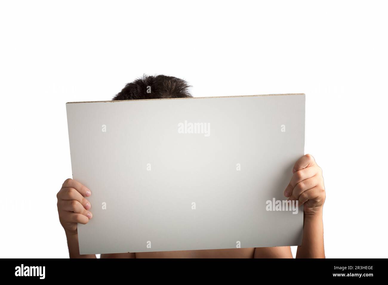 Wood laminate white sign held up by hands Stock Photo - Alamy