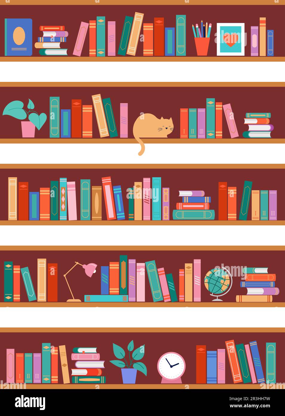 Bookshelf concept illustration. A lot of books on the shelf, clock, cat ...
