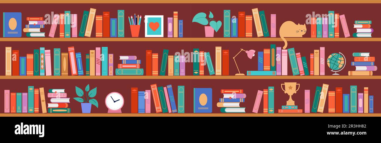 Bookshelf concept illustration. A lot of books on the shelf, clock, cat ...