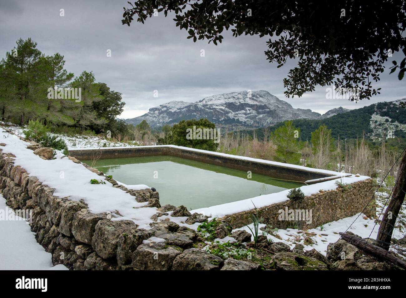 estanque de Binifaldó y Puig de Roig nevado, finca pública de Binifaldó ...