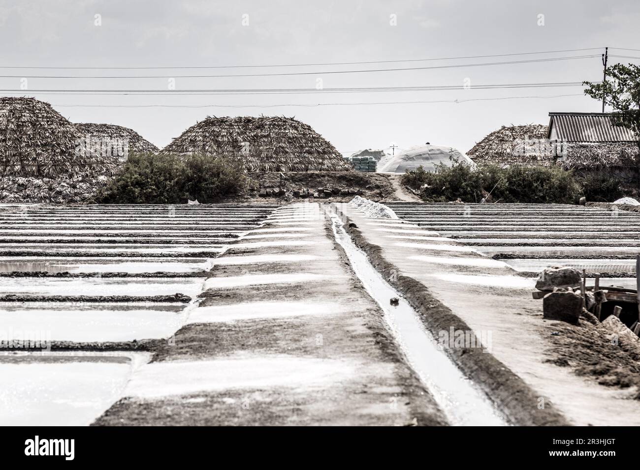 A strolling path with ponds on either side leading to salt storage ...