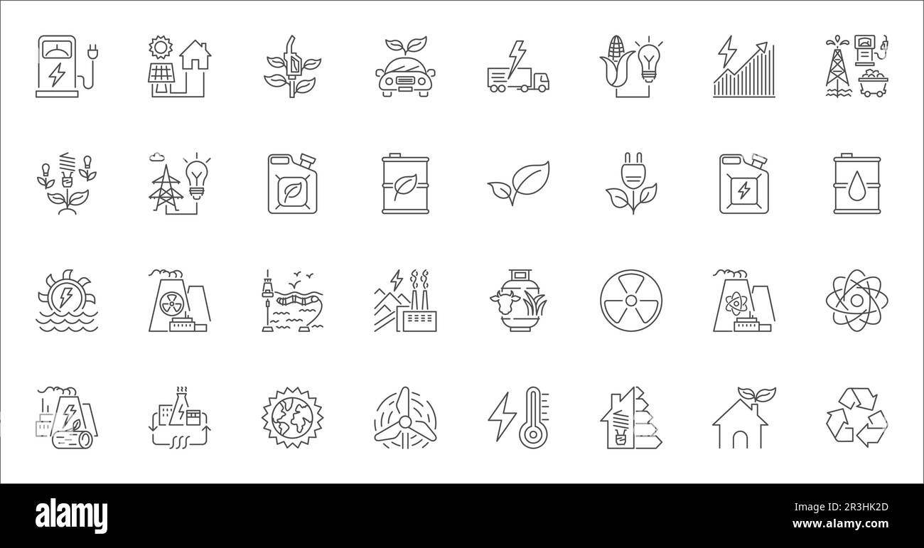Energy related vector linear icon set. Energy industry. Electricity ...