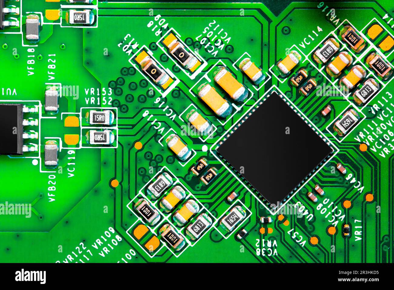 Close up of components and microchips on PC circuit board Stock Photo ...