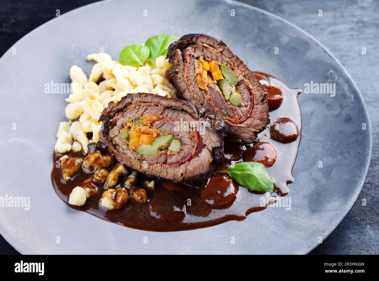 Traditional slow cooked German wagyu beef roulades with spaetzle served ...