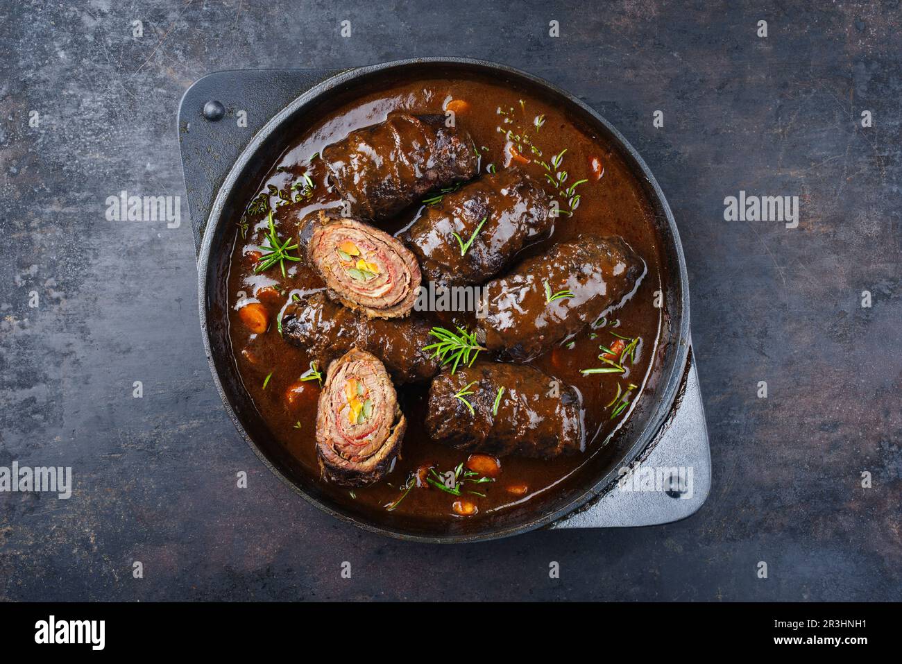 Traditional slow cooked German wagyu beef roulades with vegetable and ...