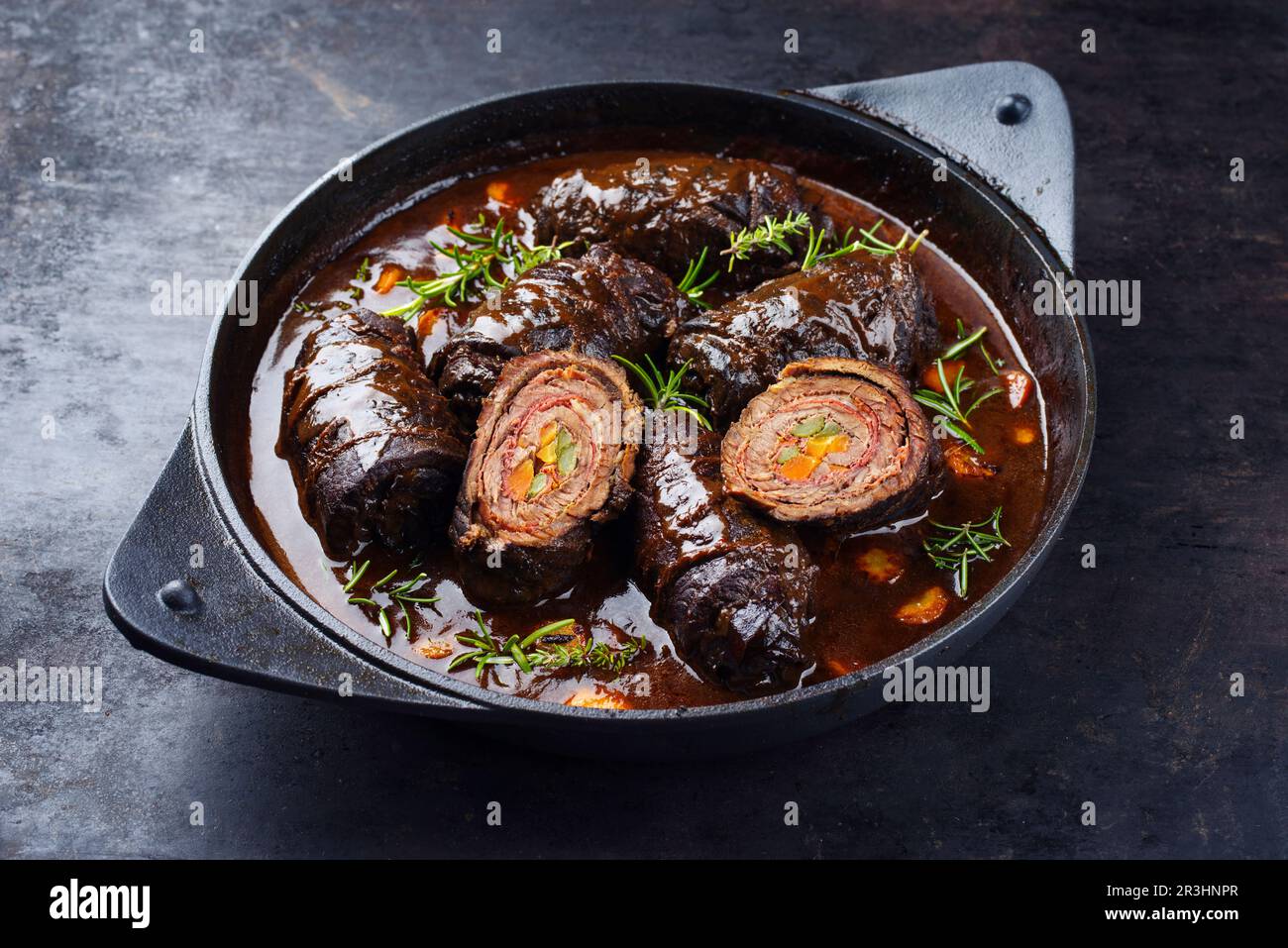 Traditional slow cooked German wagyu beef roulades with vegetable and ...