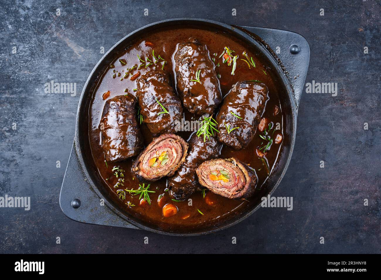 Traditional slow cooked German wagyu beef roulades with vegetable and ...