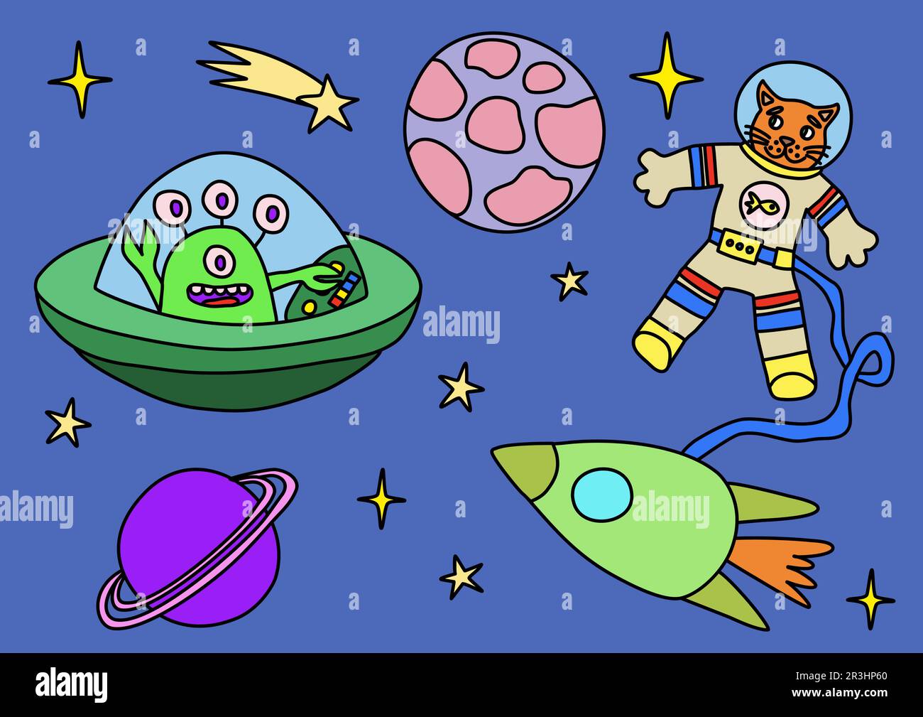 Kids space illustration with planets, stars, rocket, astronaut and ...