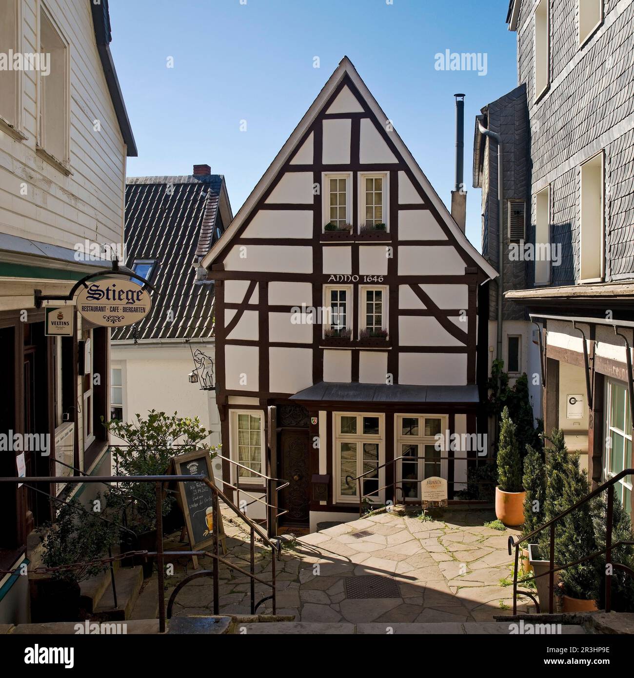 Half-timbered houses on the church steps in Kettwig, historic old town ...