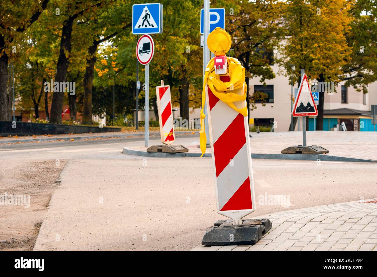 Road works signs for construction works in the town street Stock Photo ...