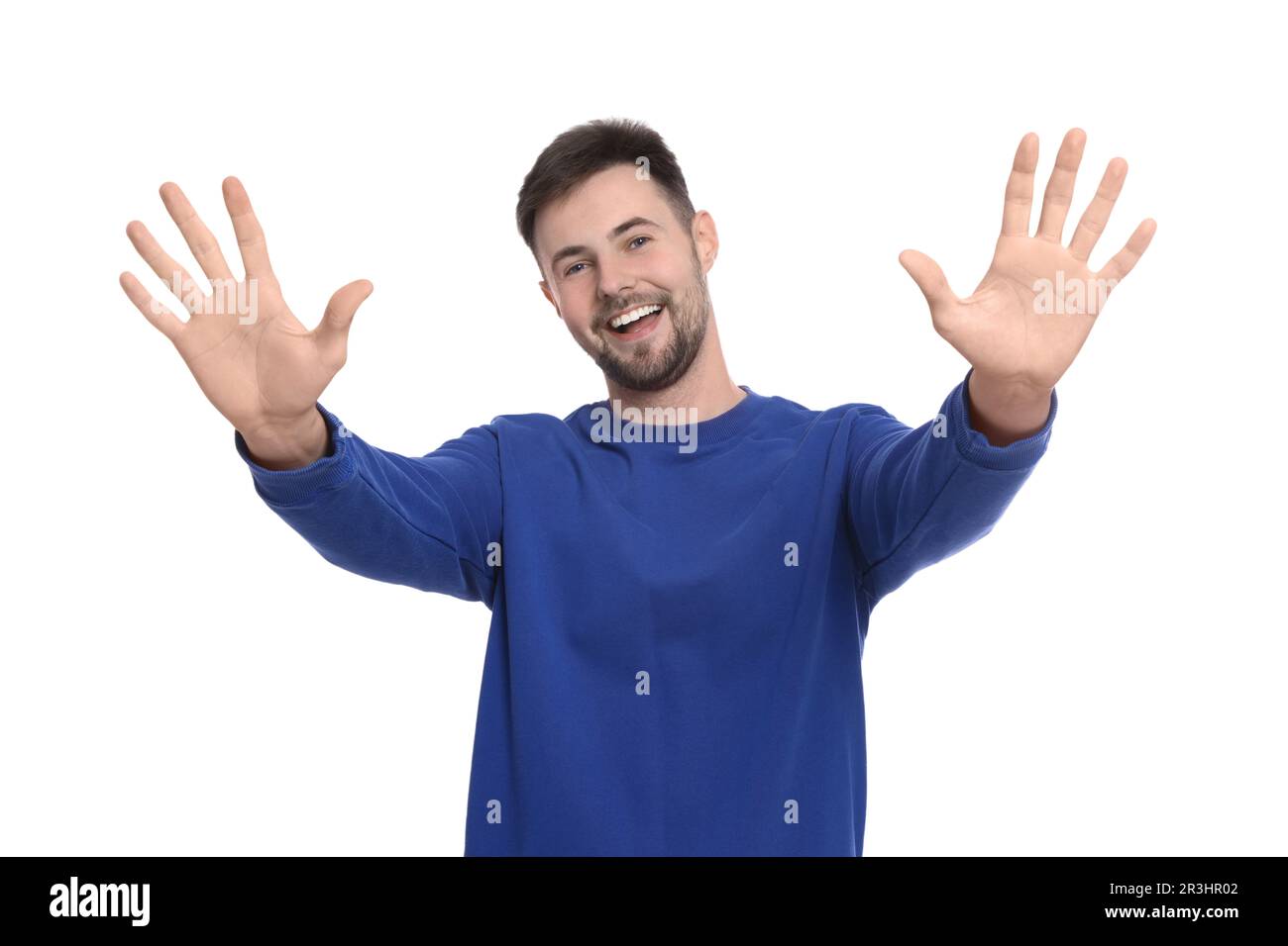 Man giving high five with both hands on white background Stock Photo ...