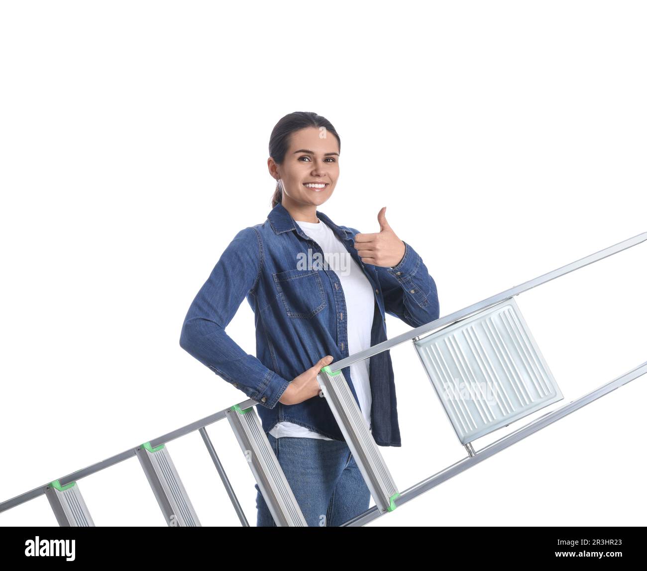 Businesswoman on ladder holding hi-res stock photography and images - Alamy