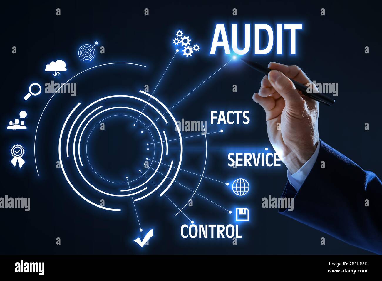 Audit concept. Closeup view of man and different icons on virtual ...