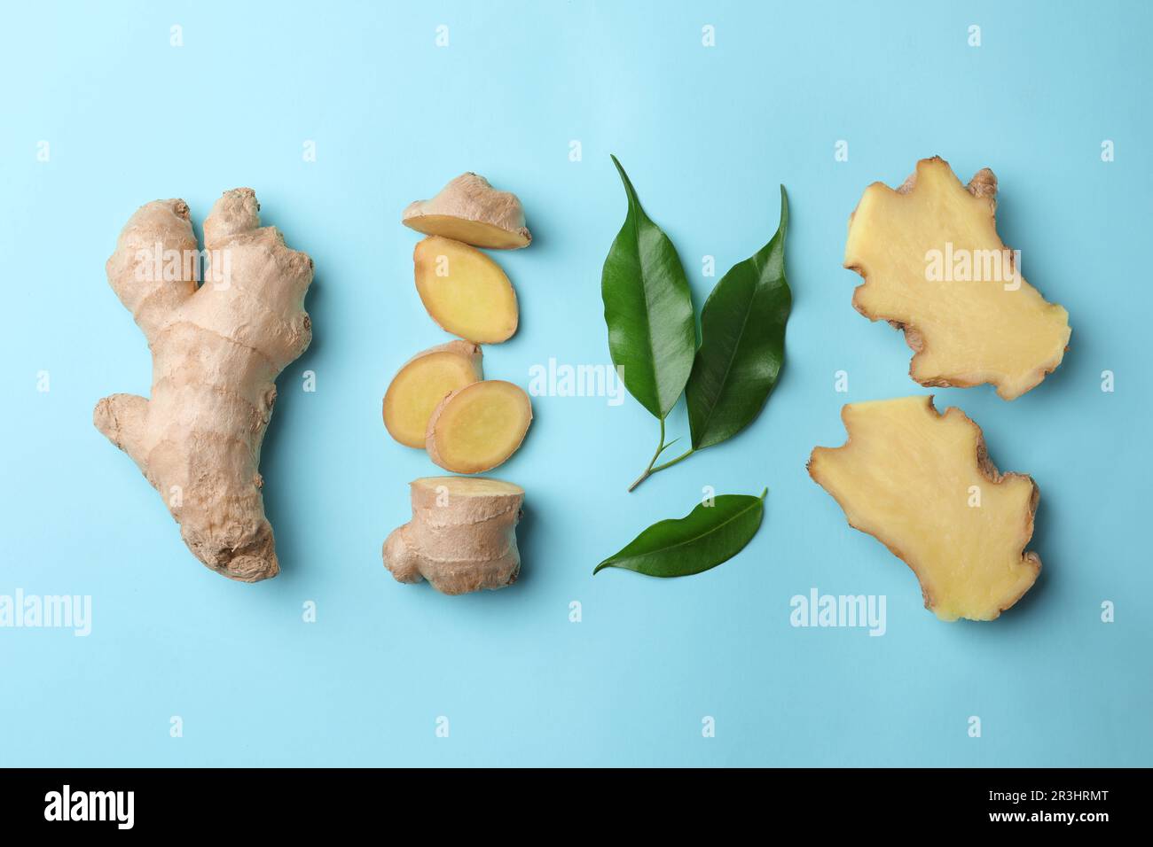 Fresh ginger with green leaves on pale light blue background, flat lay ...