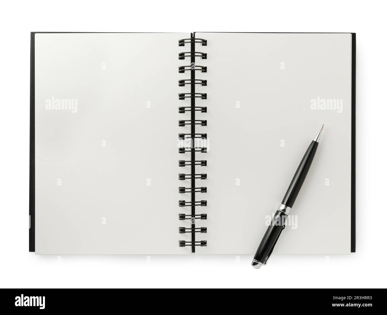 Open blank notebook with pen isolated on white, top view Stock Photo ...