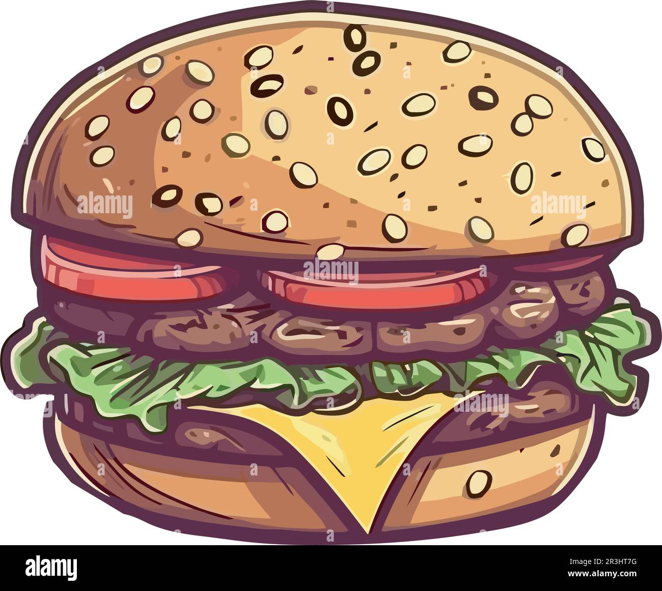 Grilled beef burger with cheese, tomato, and sesame Stock Vector Image ...