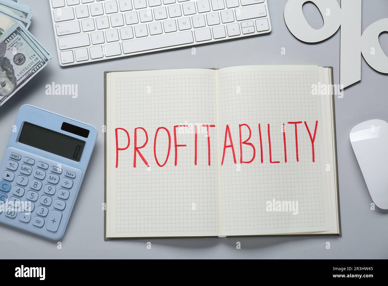 Notebook with word Profitability, keyboard, calculator and banknotes on ...