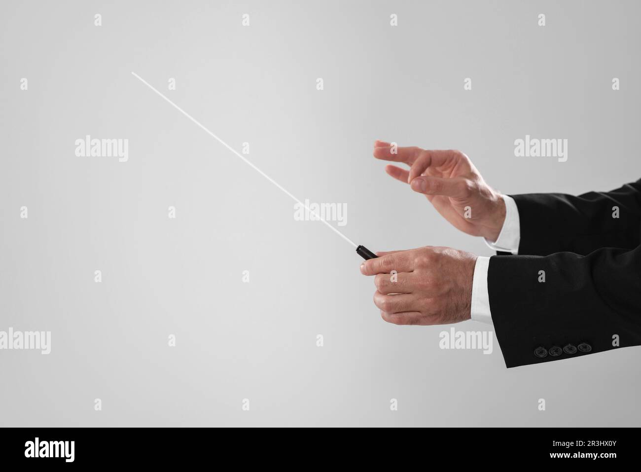 Professional conductor with baton on light grey background, closeup ...
