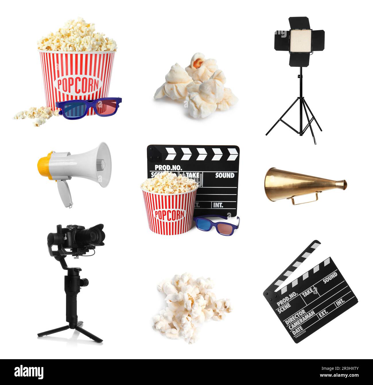Set with different cinema equipment and popcorn on white background ...