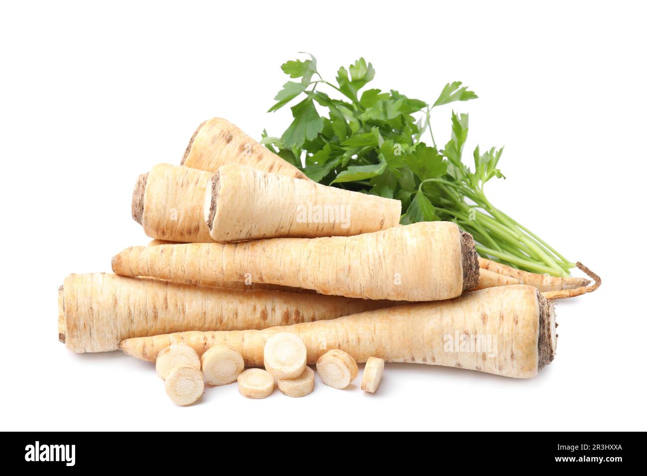 Raw parsley roots and bunch of fresh herb isolated on white Stock Photo ...