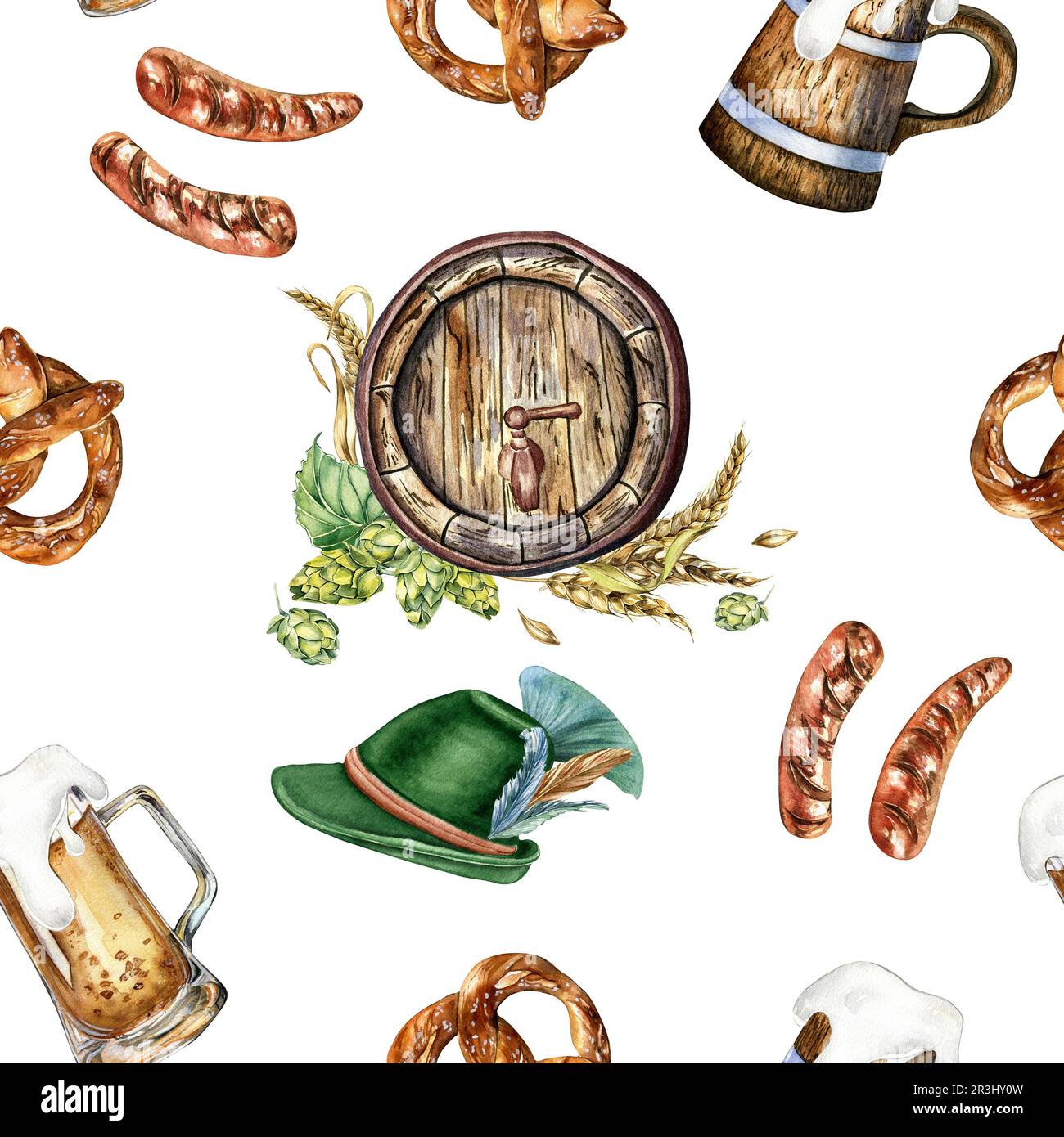 Wooden Beer Barrel And Mug German Hat Watercolor Seamless Pattern