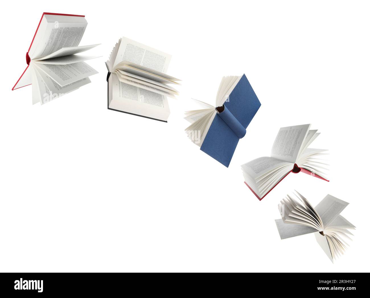 Many hardcover books flying on white background Stock Photo - Alamy