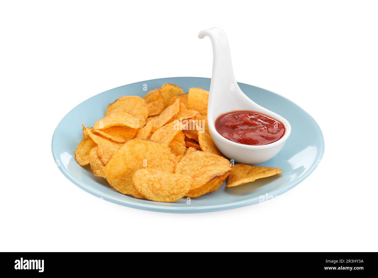 Delicious chips with ketchup isolated on white Stock Photo - Alamy