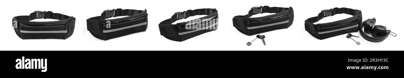 Collage with black waist bag (running belt) on white background, banner ...