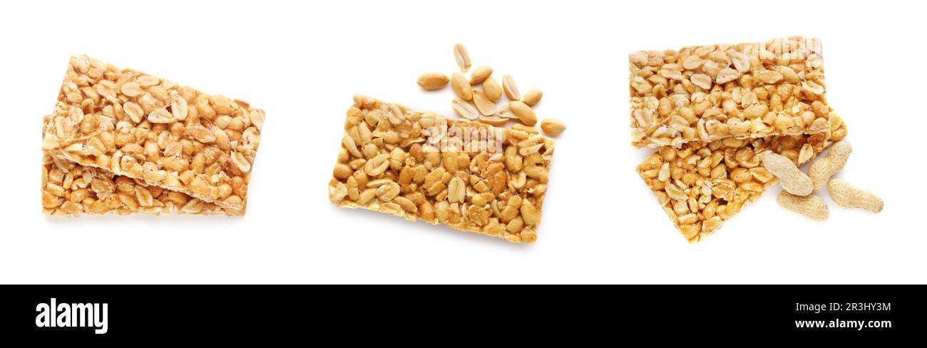 Collage with tasty peanuts bars (kozinaki) on white background, top ...