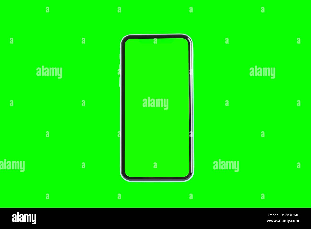 Smartphone with green screen on color background. Mockup for design ...