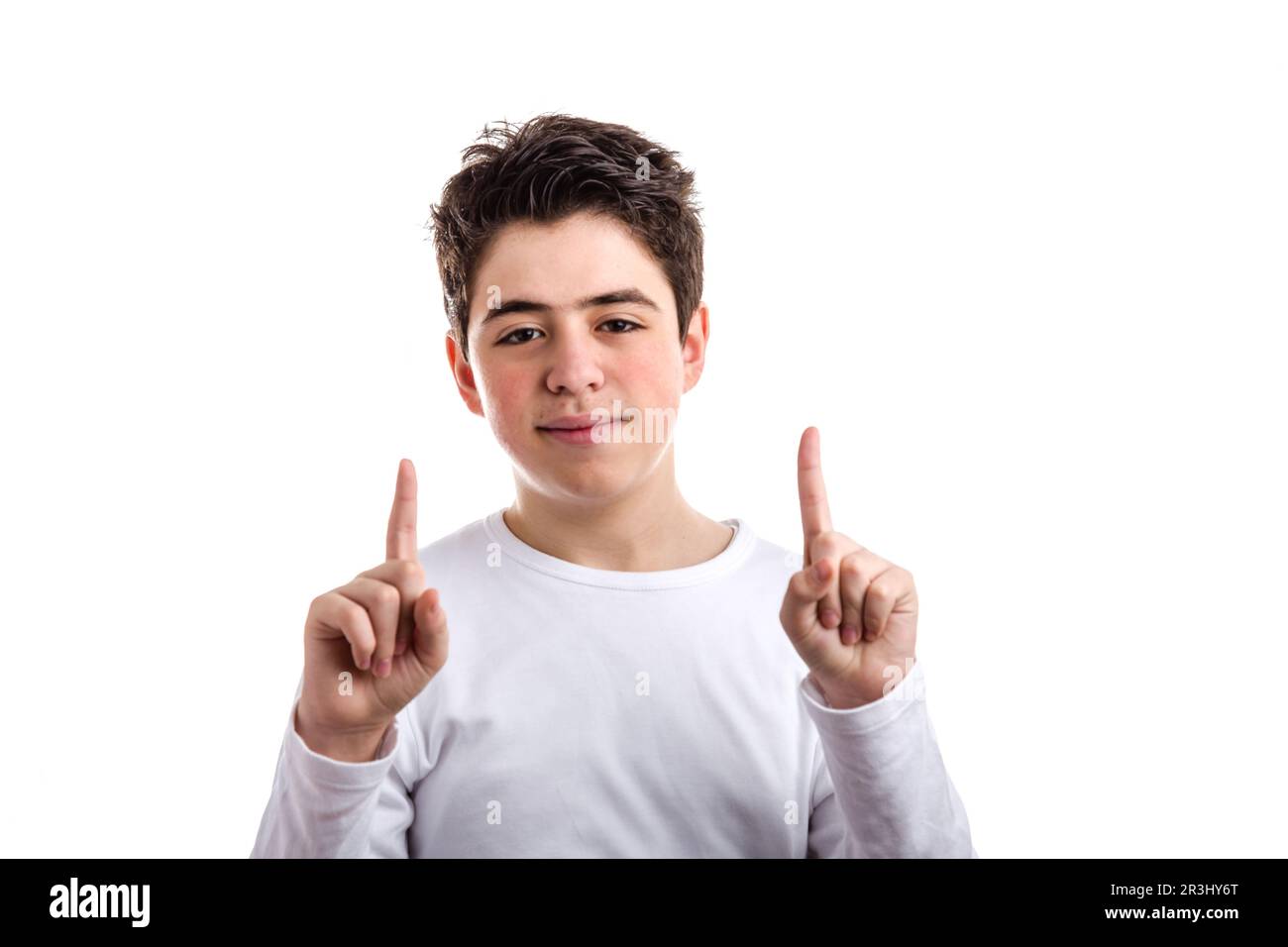 Double point gesture by Caucasian boy with acne Stock Photo - Alamy
