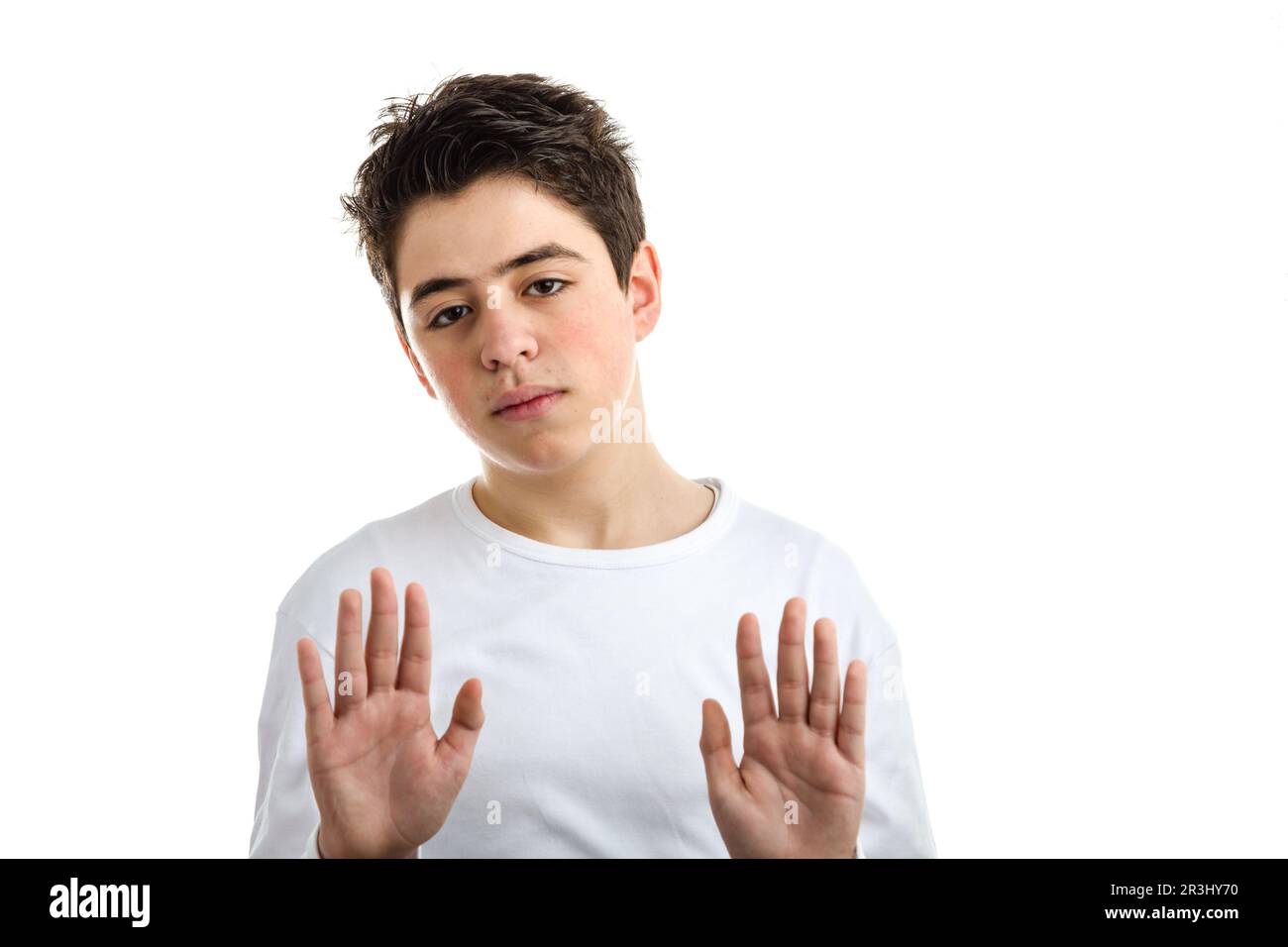 Downward hand gesture by Caucasian teen with acne skin Stock Photo - Alamy
