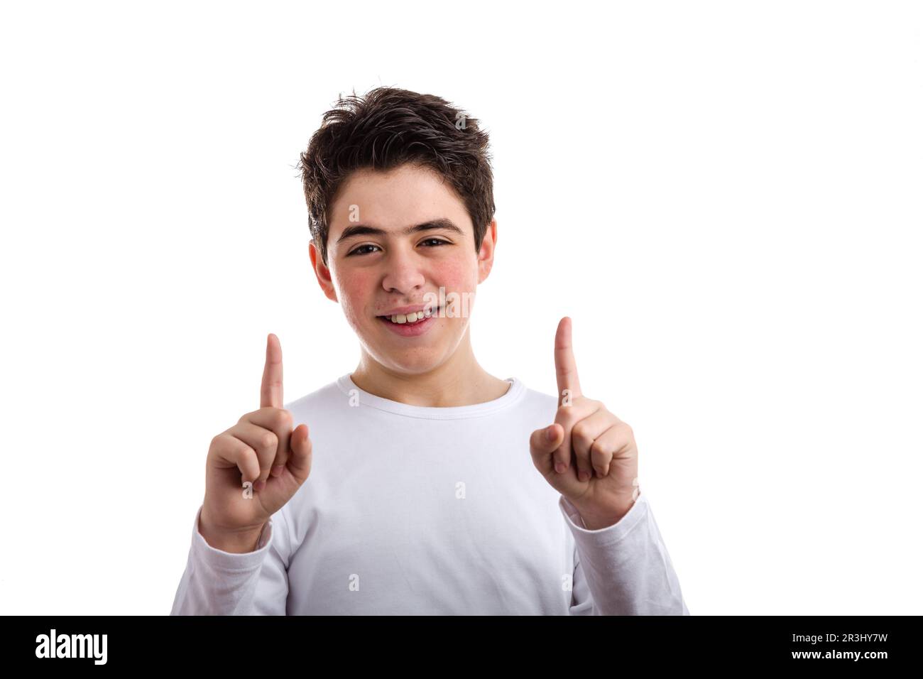 Double point gesture by Caucasian boy with acne Stock Photo - Alamy