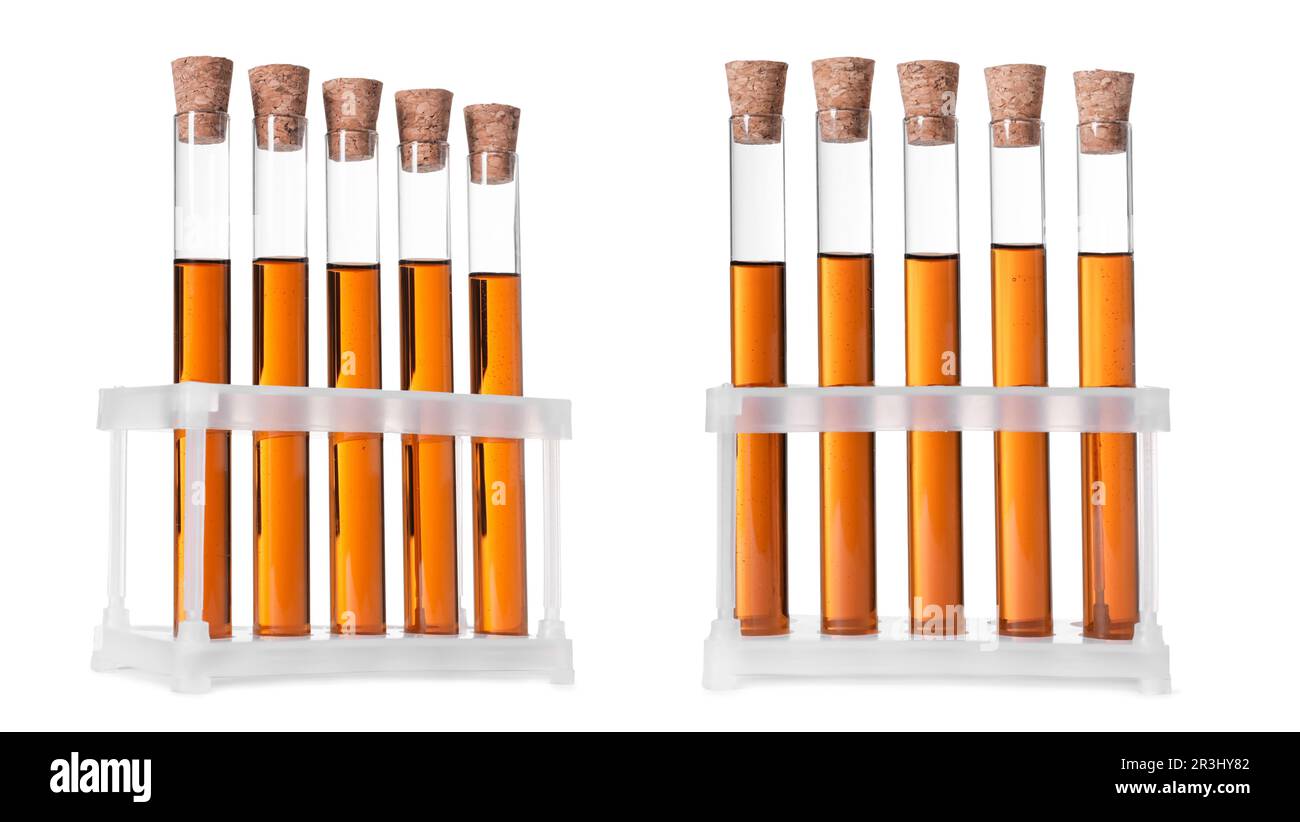 Test tubes with brown liquid on white background, collage Stock Photo ...