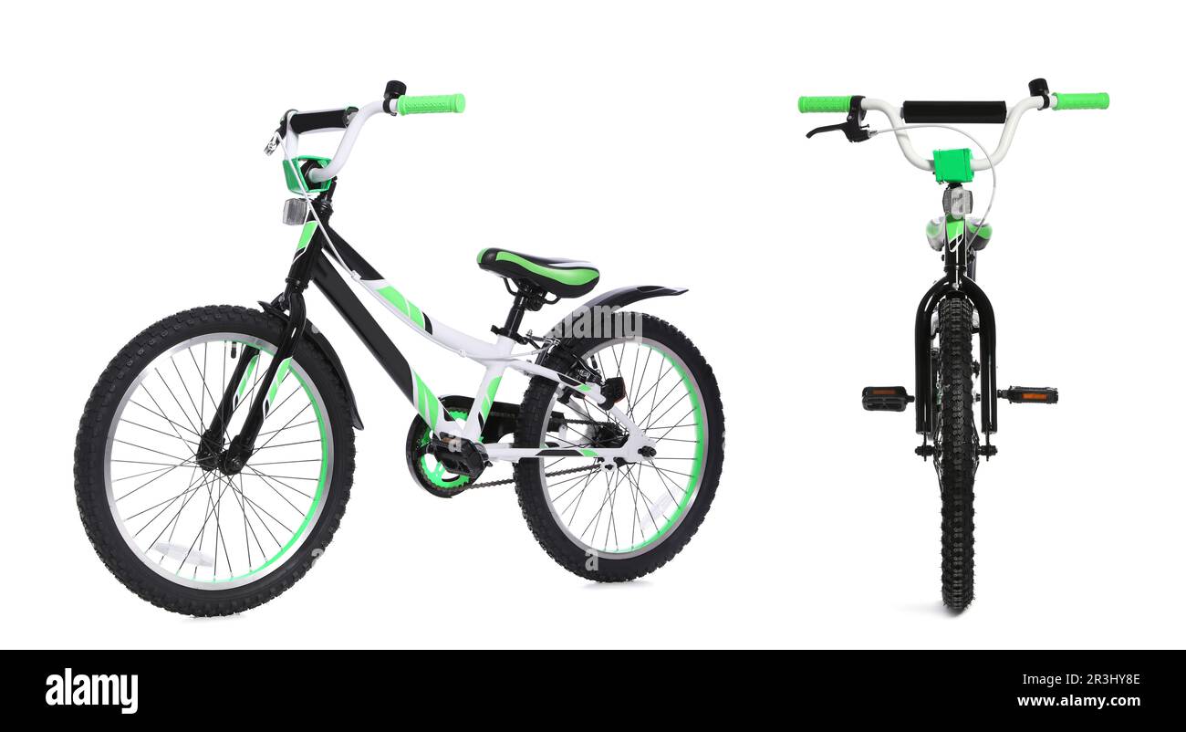 Bicycle on white background, views from different sides. Collage design ...