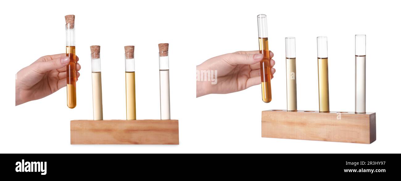 Collage with photos of women and test tubes with brown liquid on white ...