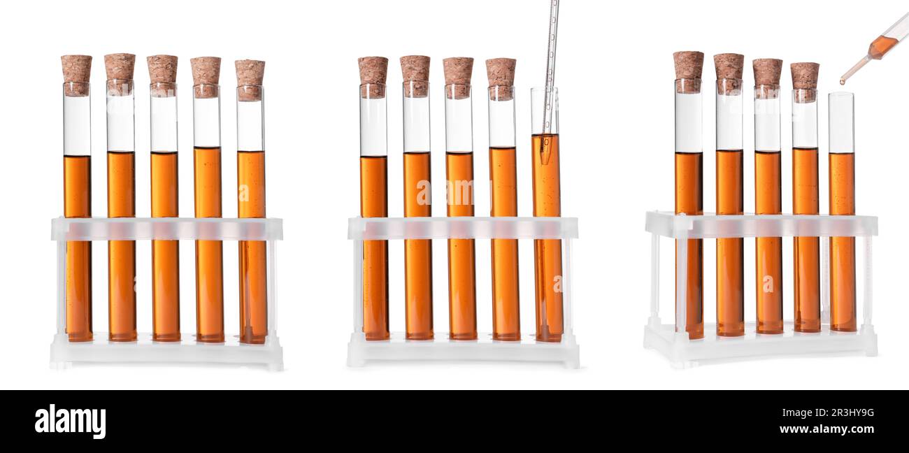 Test tubes with brown liquid on white background, collage Stock Photo ...