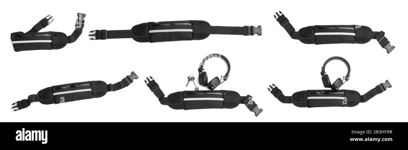 Collage with black waist bag (running belt) on white background, top ...