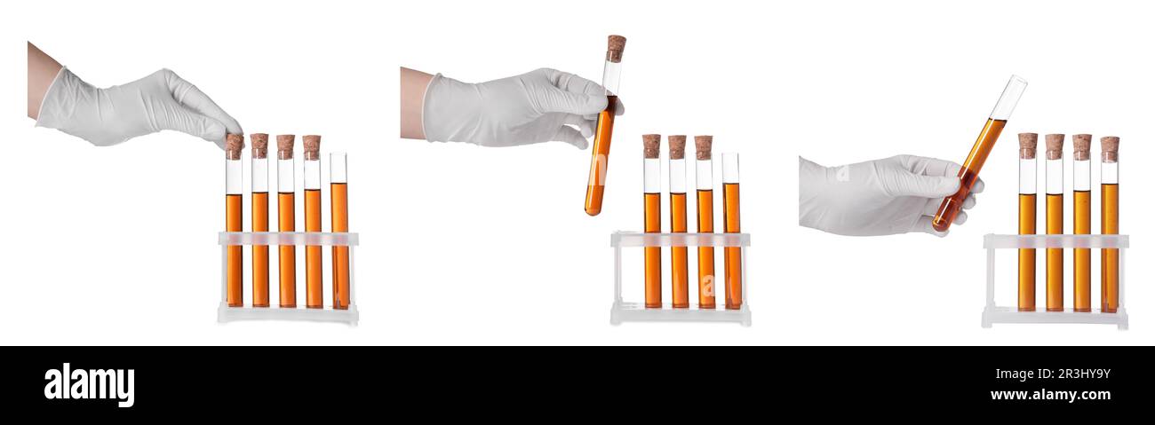 Collage with photos of scientist and test tubes with brown liquid on ...