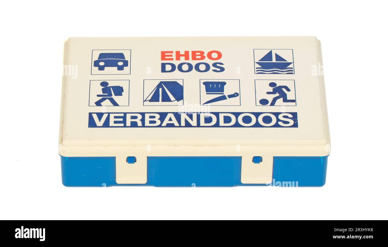 Closed first aid kit (EHBO Verbanddoos) isolated on white background ...