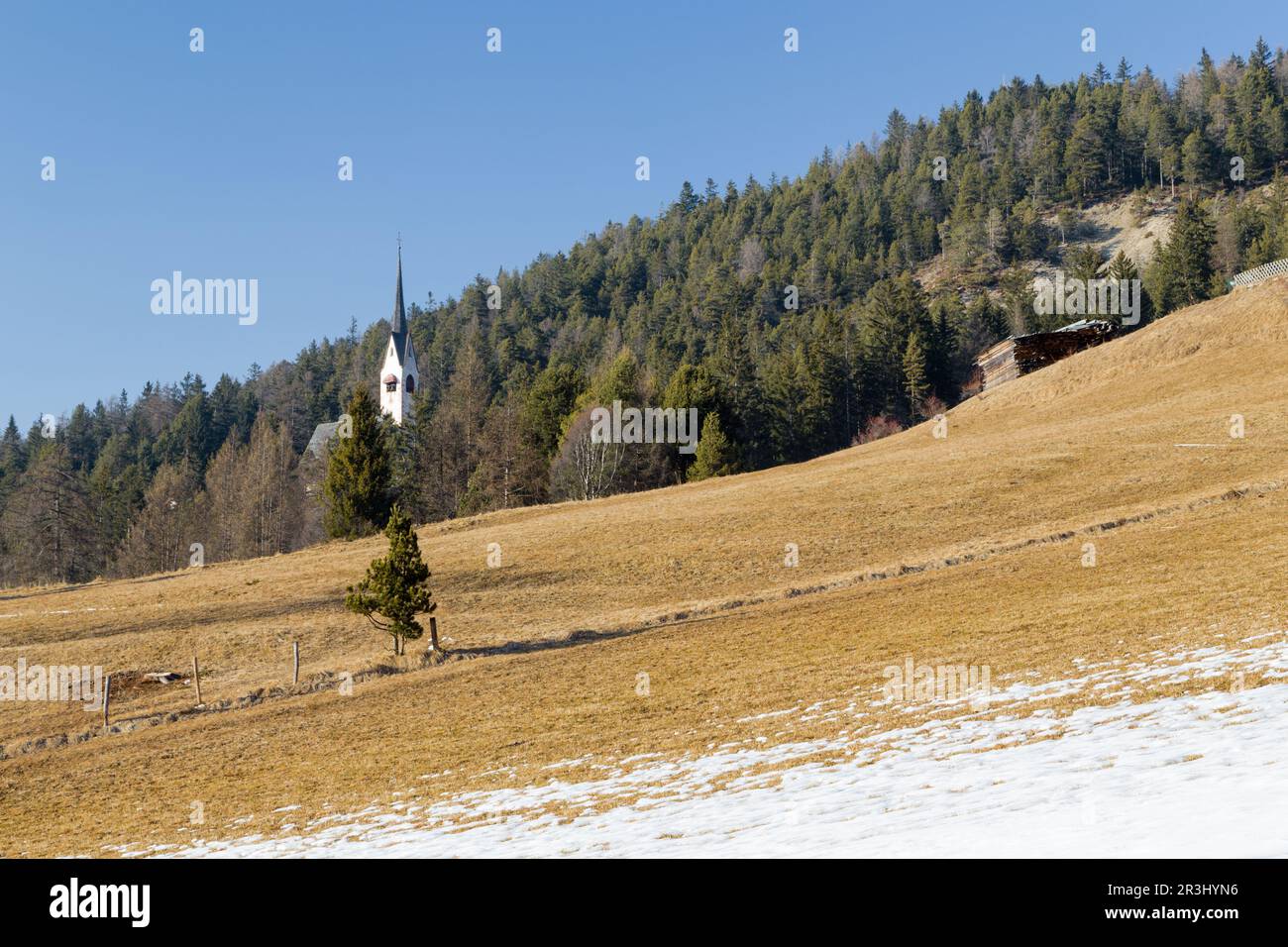 Catholic roman Church of St. Jacob above Ortisei in Italian Dolomites ...
