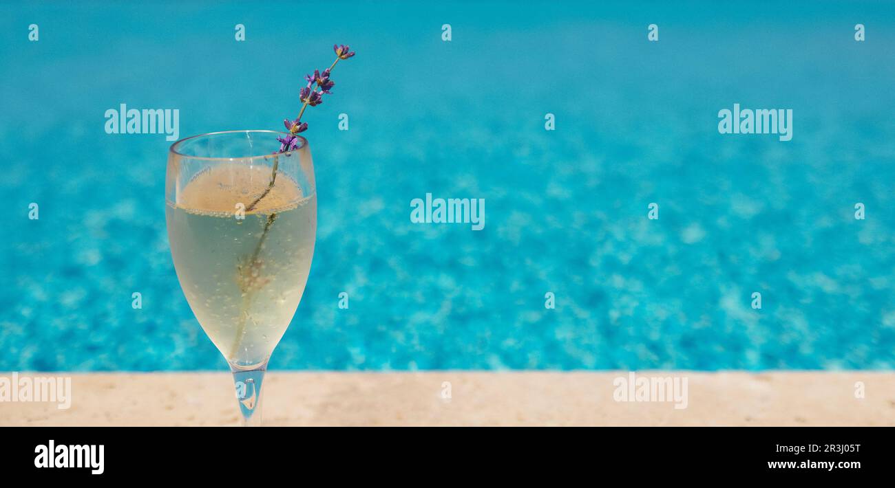 Glass of champagne with sprig of lavender against poolside at resort ...