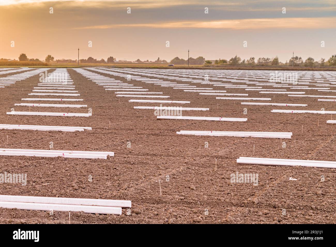 Geometric designs of support poles in farmlands Stock Photo - Alamy