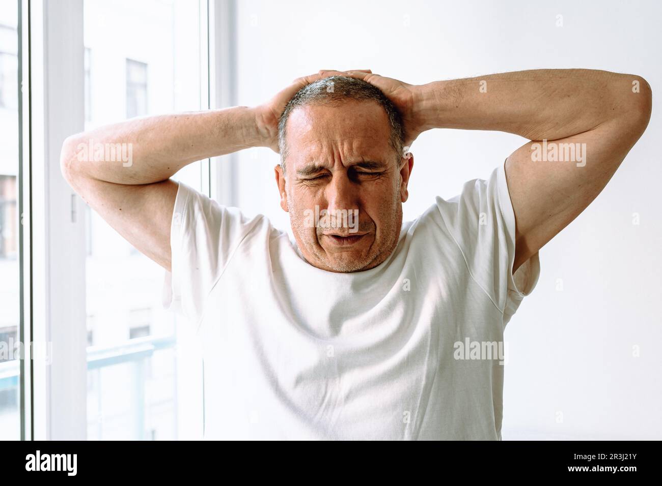 Midlife crisis in men, portrait suffering man with grimace on face ...