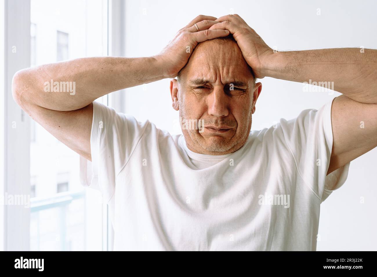 Midlife crisis in men, portrait suffering man with grimace on face ...