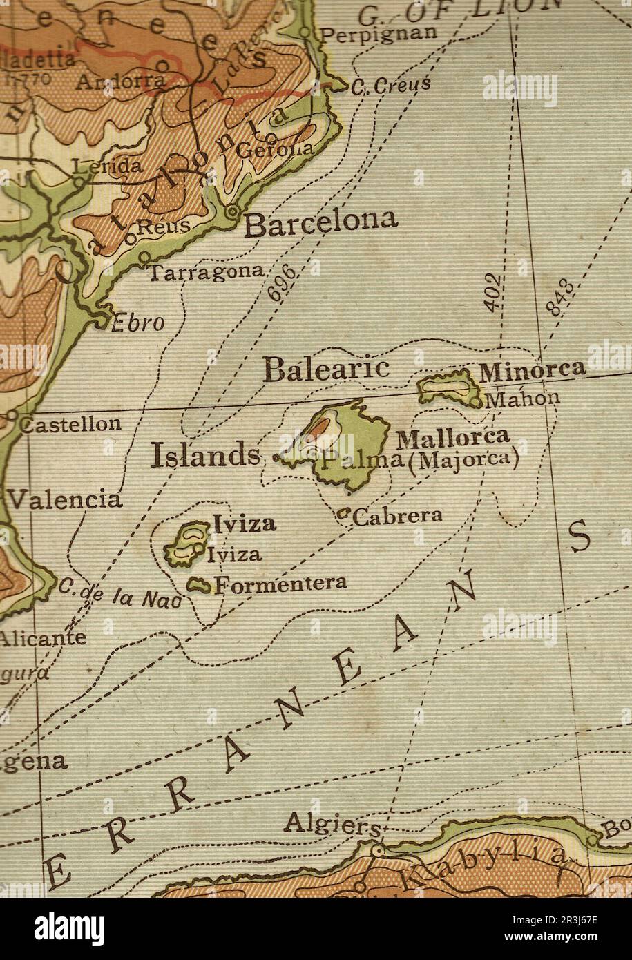 Vintage geographical map of the Balearic Islands in sepia Stock Photo ...