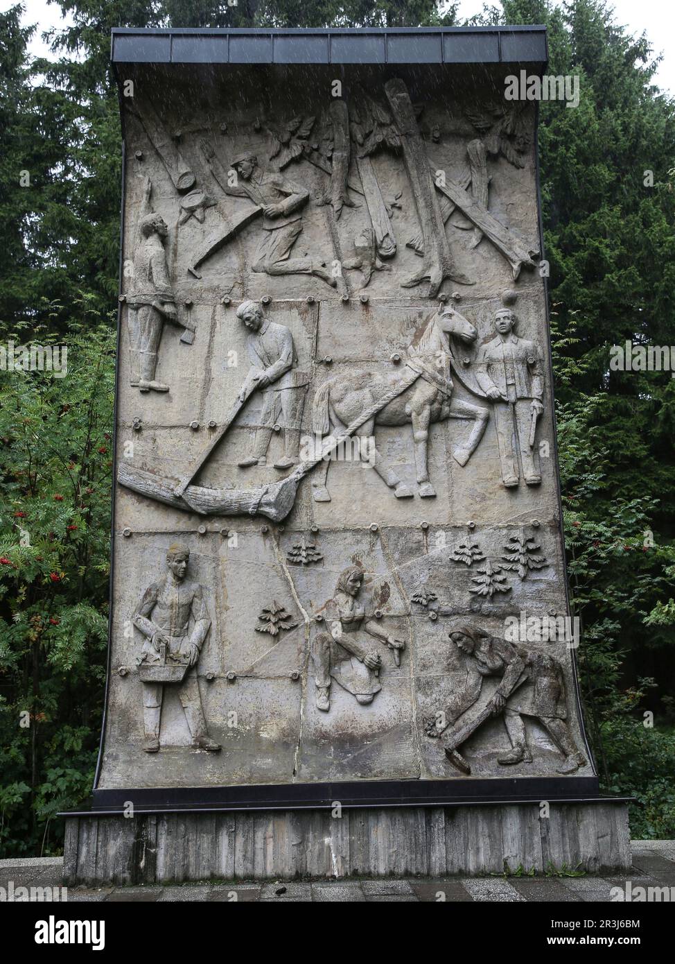 Relief panel on the forest workers' monument on the roundabout in ...
